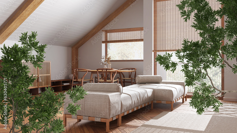 Green summer or spring leaves, tree branch over interior design scene ...