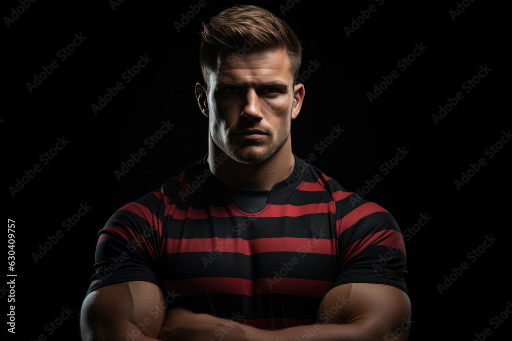 Foto de Concentrated Man Rugby Player Standsa Black Background . Power ...