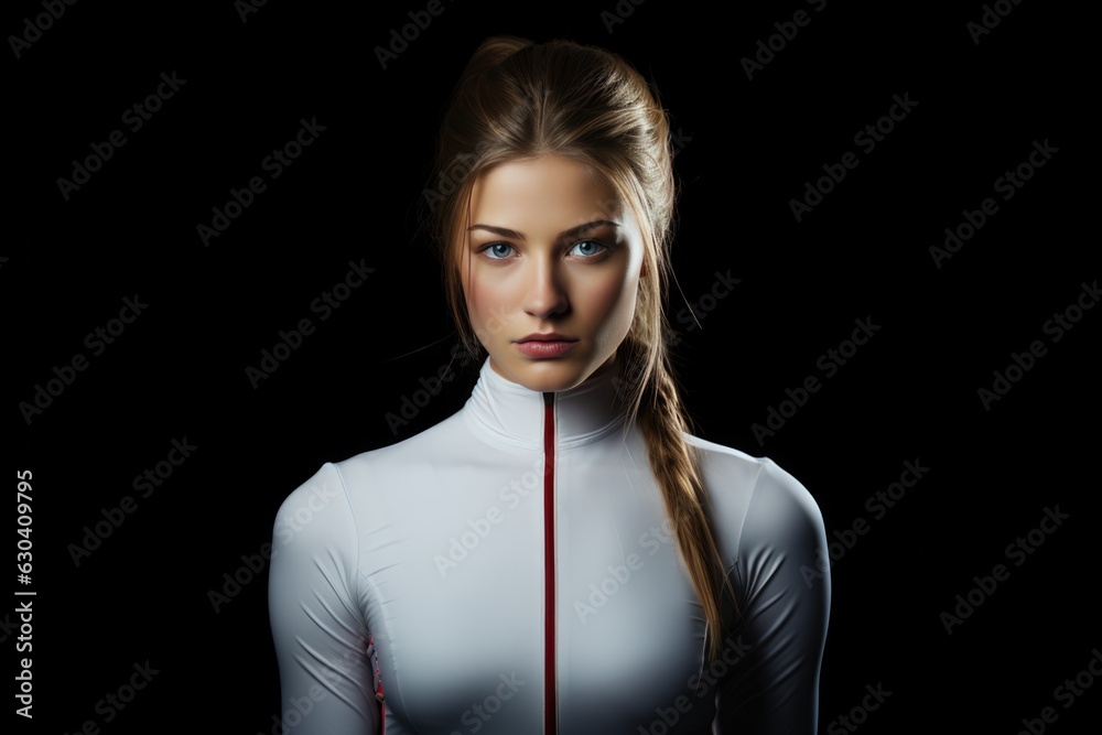 Foto de Concentrated Woman Modern Pentathlete Standsa Black Background ...