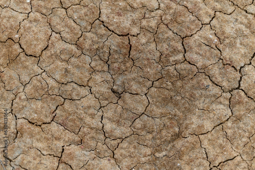 Cracked and parched desert landscape with dry earth and deep fissures ...