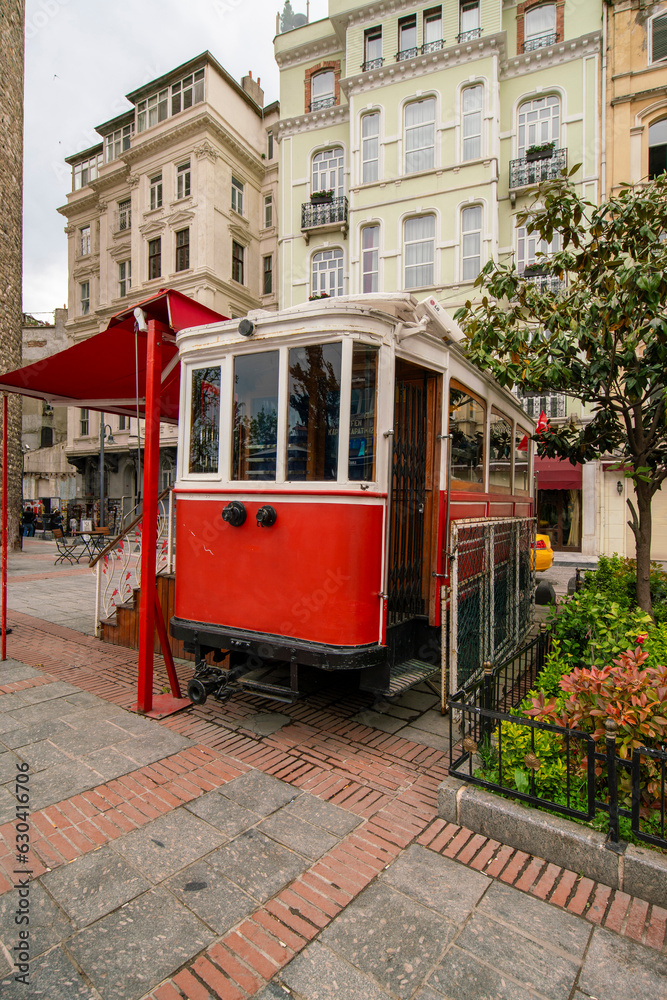 Historic trams at Galata tower square in Taksim area, Istanbul, Turkey ...