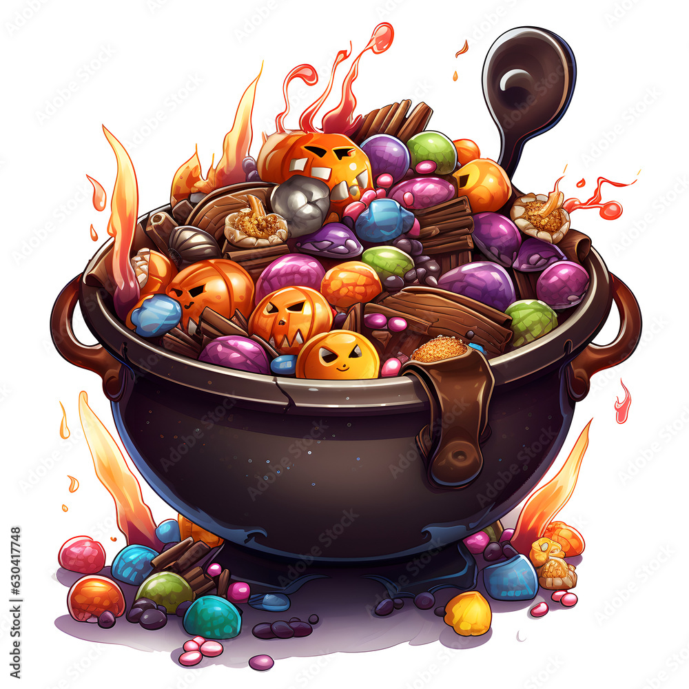 Cartoon clipart of witch's cauldron overflowing with candy, transparent ...