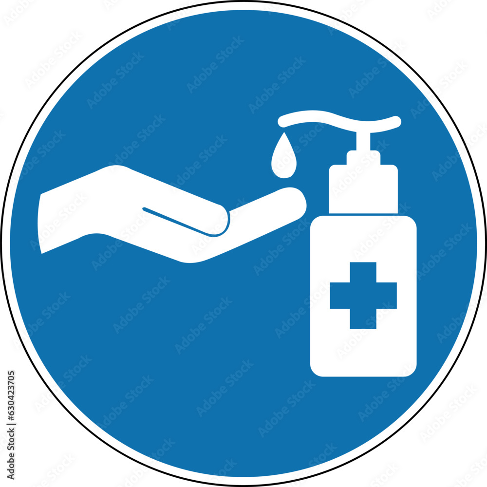 Hand sanitizer sign. Mandatory sign. Round blue sign. Use hand hygiene ...
