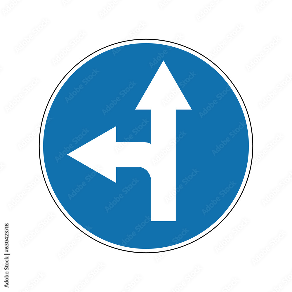 Sign move straight or left. Round blue sign. Mandatory sign. Straight ...