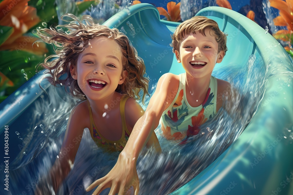 Joyful children the water park, water splashes, joyful mood, summer ...