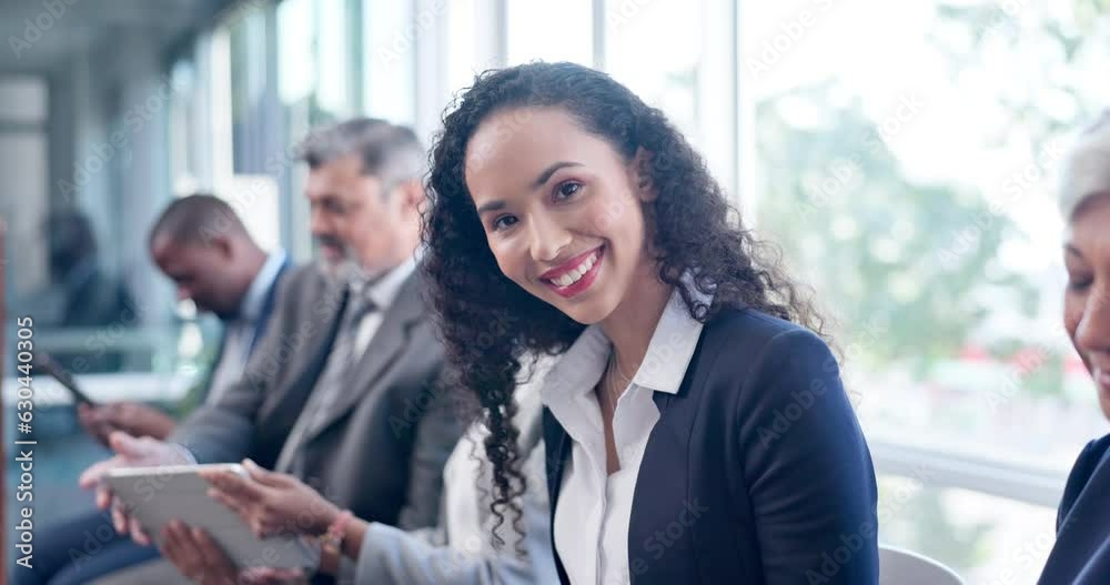 Face, business woman and waiting room for hiring, recruitment or job ...