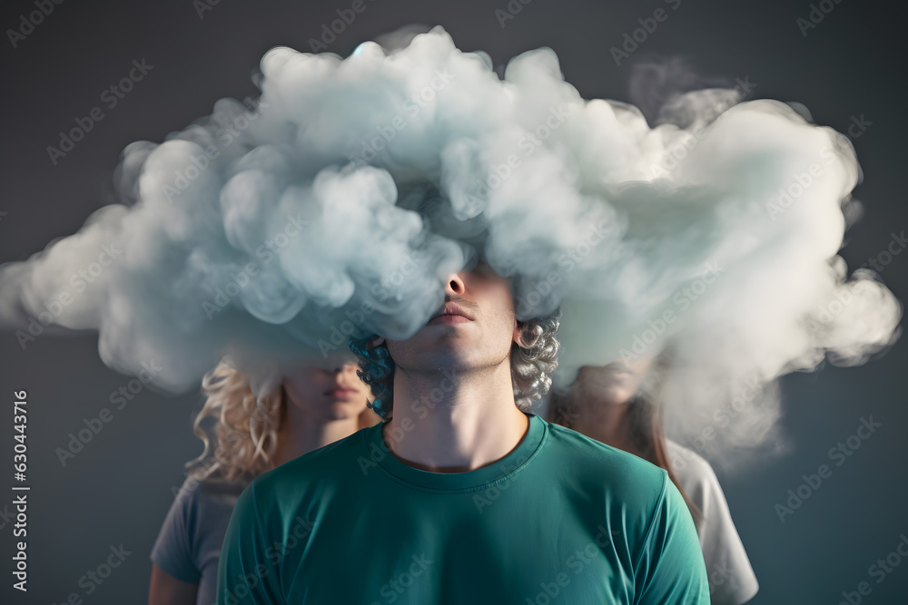 Man and girls with a clouded mind, his head in white glamorous stylish ...