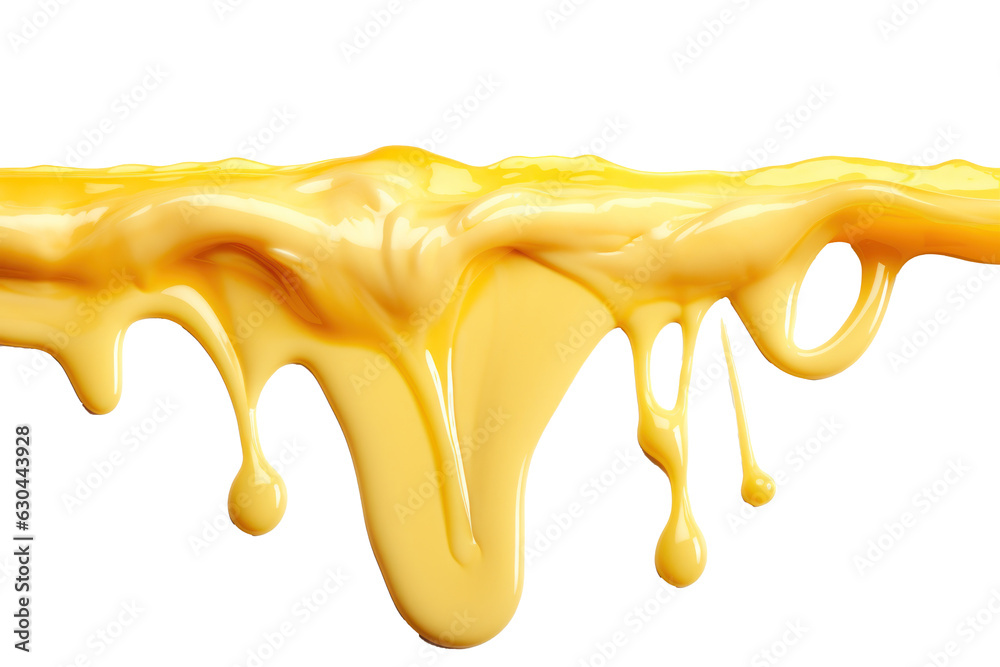 Melting cheese runs from top to bottom, golden yellow, isolated ...