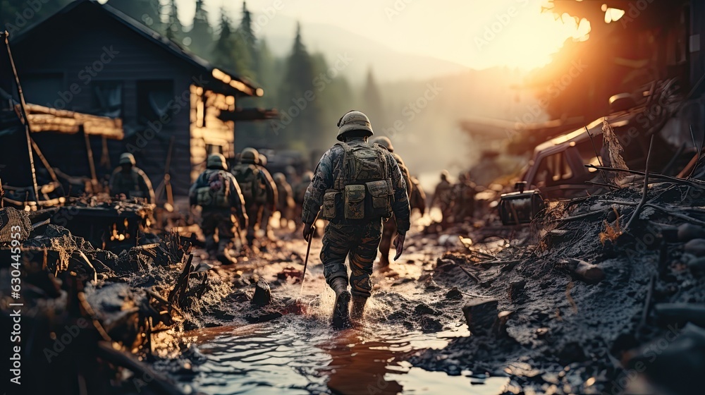 Warfare soldiers moving forward. Ranger team walking through a puddles ...