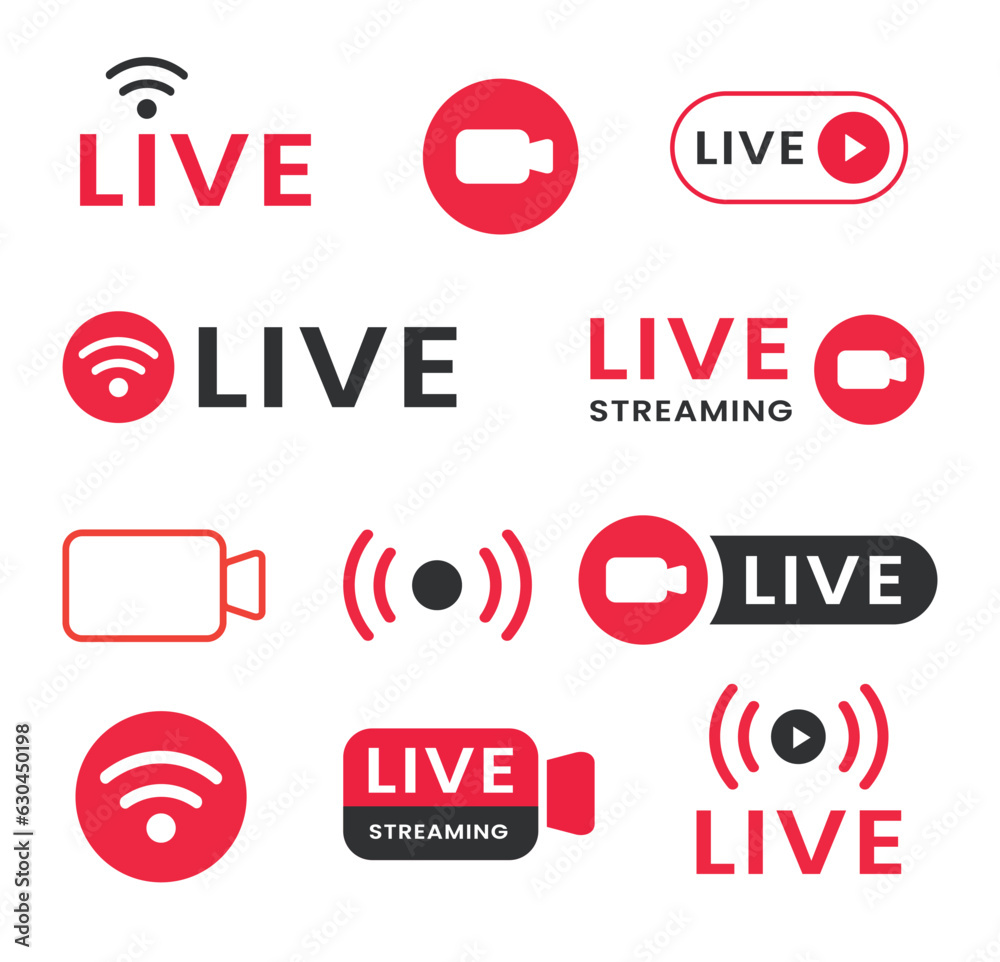 Live streaming icon set. Live broadcasting buttons and symbols. Set of ...