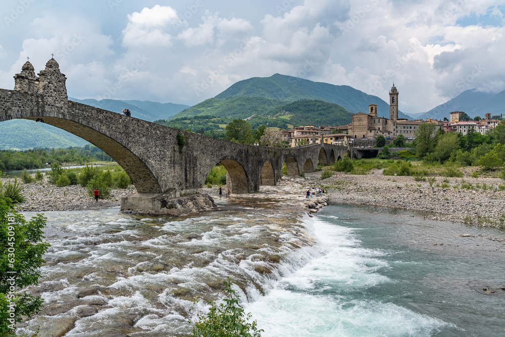View of Bobbio and its famous landmark, the Old Bride (known in Italian ...