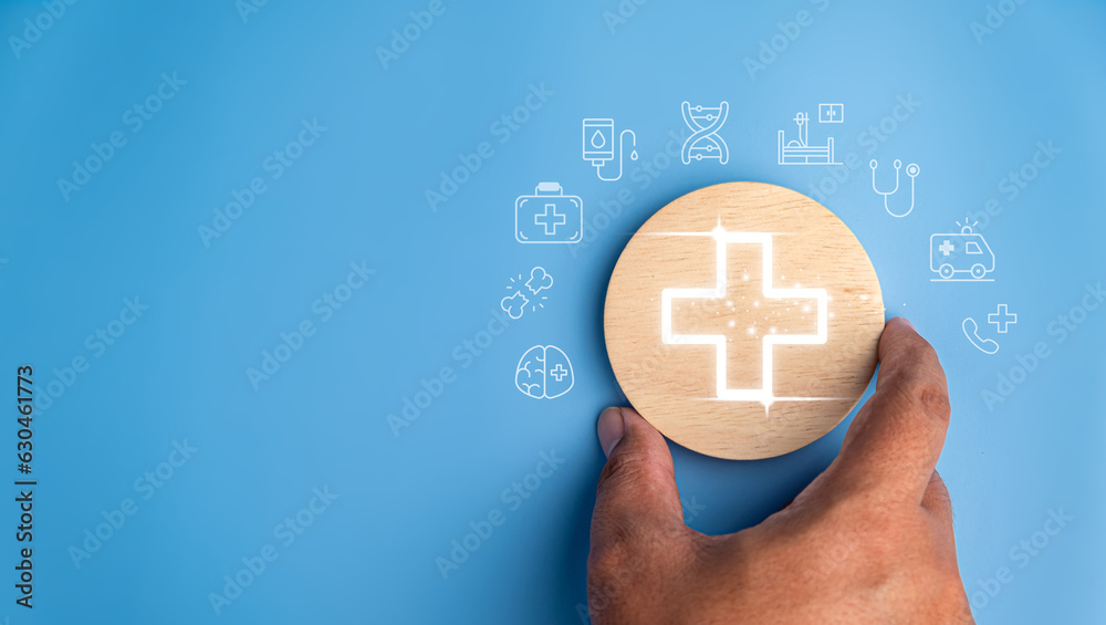 Health insurance and medical welfare concept. people hands and ...