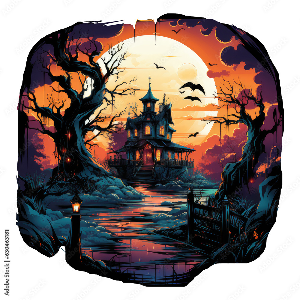 A Halloween haunted house t-shirt design set in a realm of haunting ...