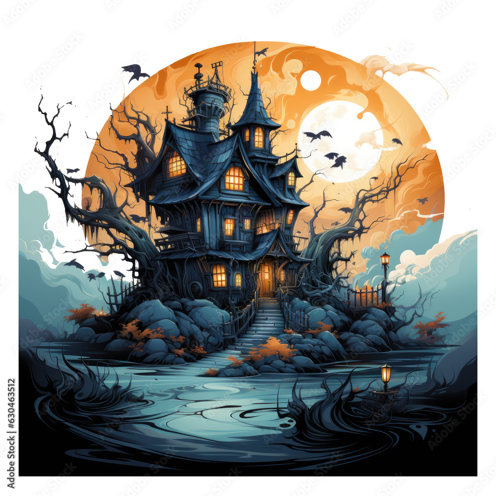 A Halloween haunted house t-shirt design set in a twisted fairytale ...