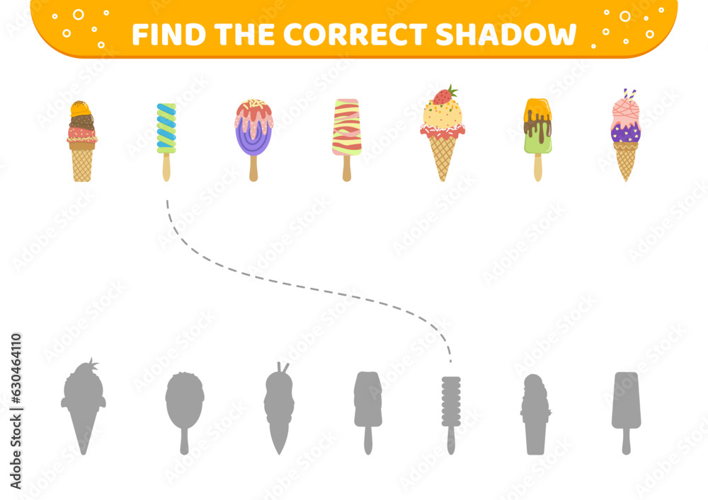 Ice creams. Find the correct shadow. Bright ice cream. Shadow matching ...