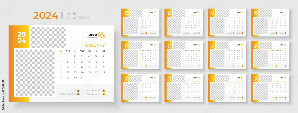 Desk calendar template 2024, Week Starts on sunday, Planner for 2024 ...