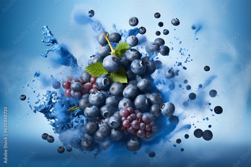 Many fresh raw blueberries exploding and flying all around the blue ...