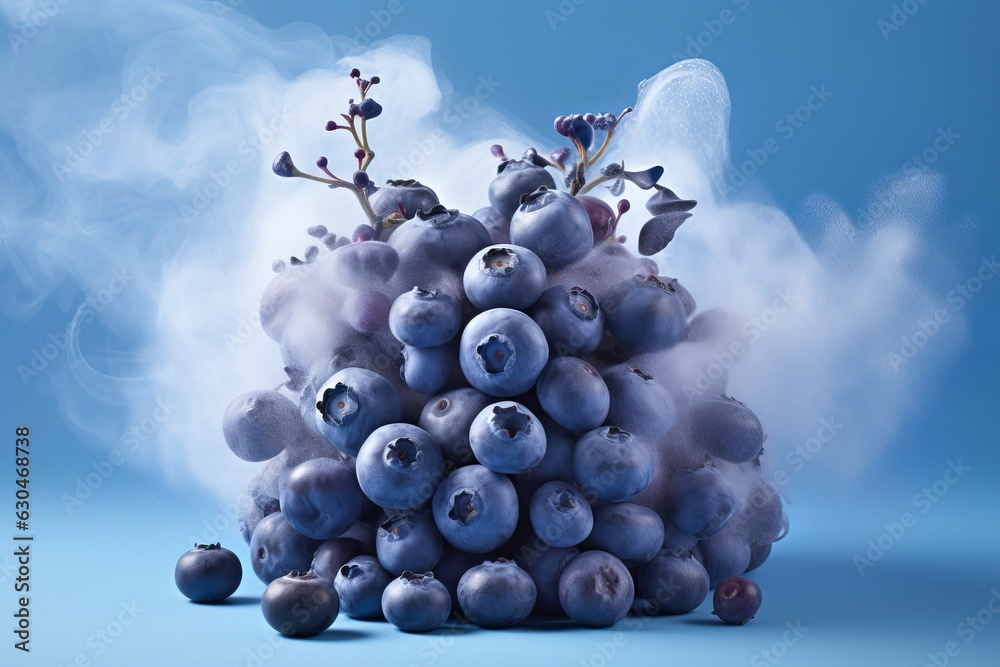 Many fresh raw blueberries exploding and flying all around the blue ...