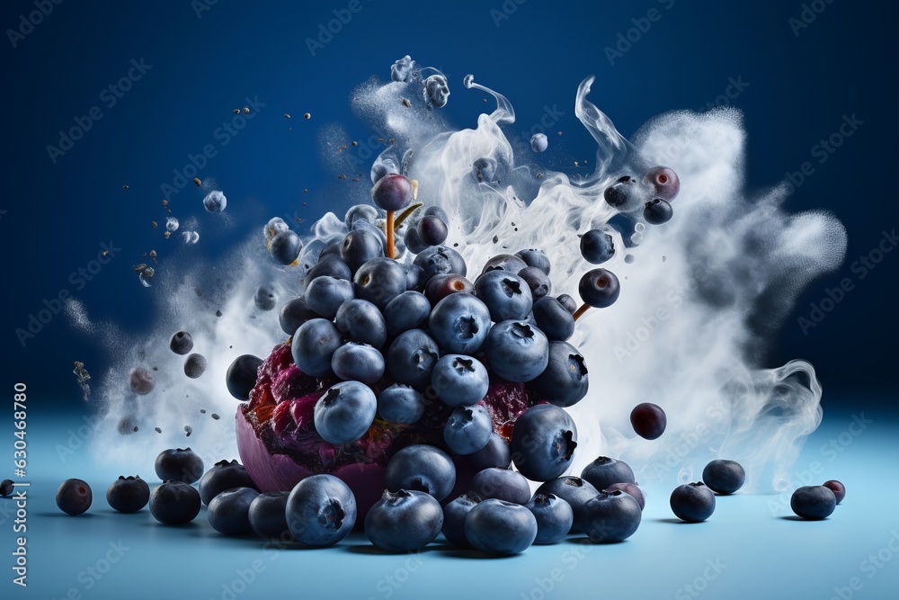 Many fresh raw blueberries exploding and flying all around the blue ...