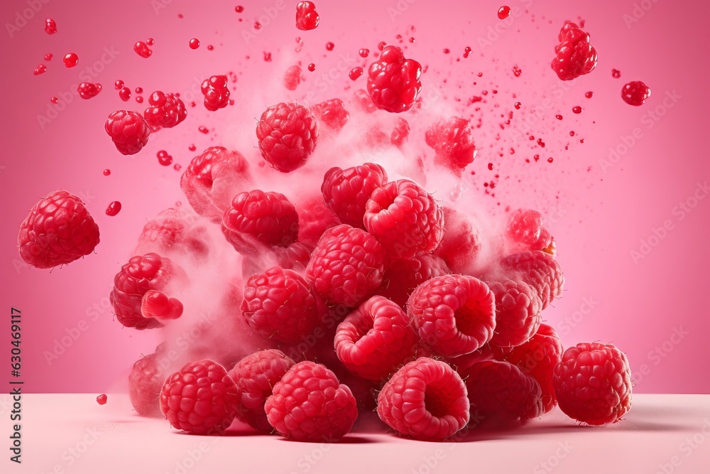 Many fresh raw red raspberries exploding and flying all around the pink background, steam and ...