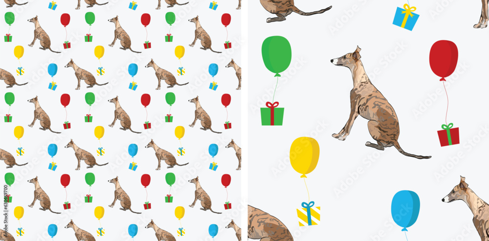 Happy Birthday Pattern with Whippet breed dogs and balloons, seamless ...