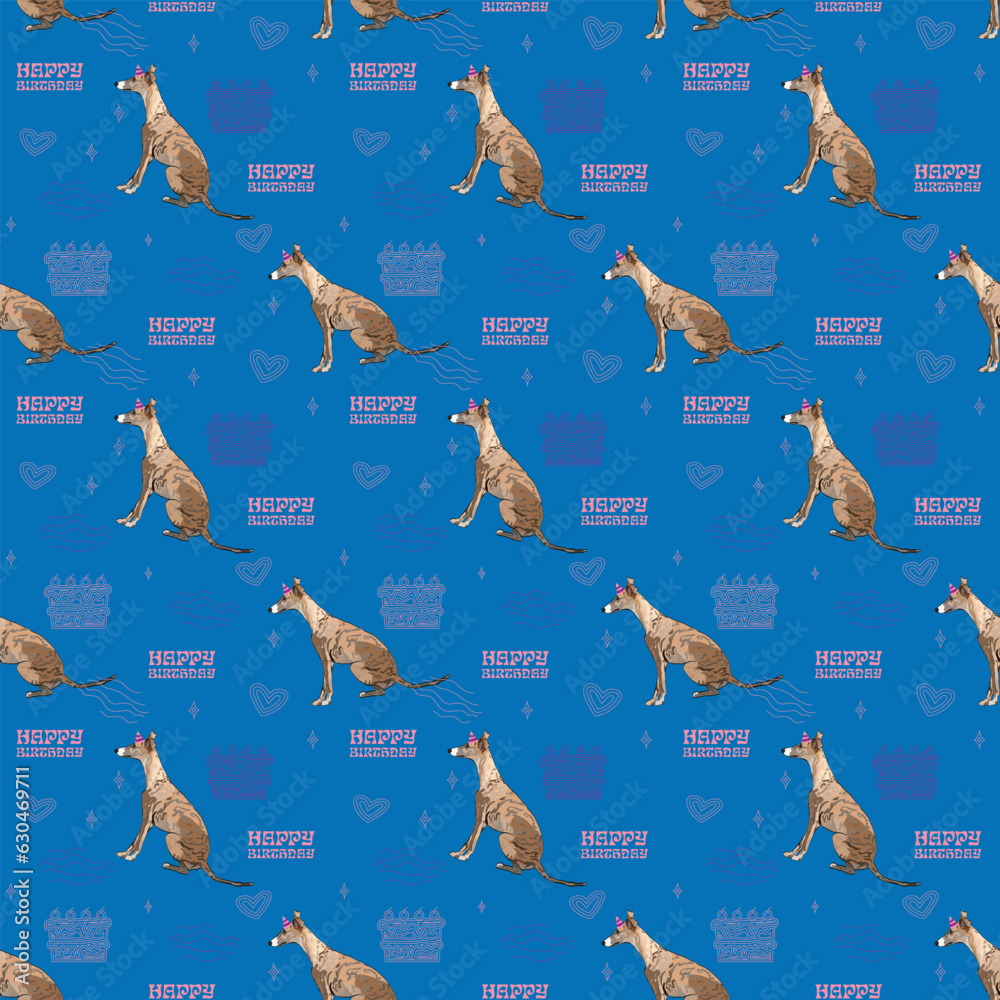 Happy Birthday Pattern with whippet dogs in a party hat, seamless ...