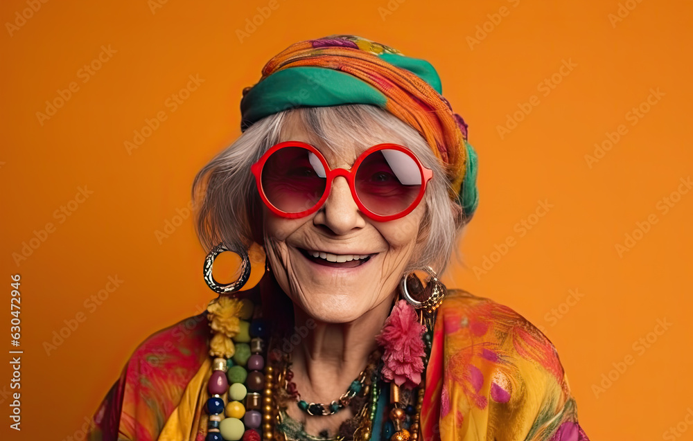 Whimsical and outlandish elderly woman donning stylish sunglasses and ...