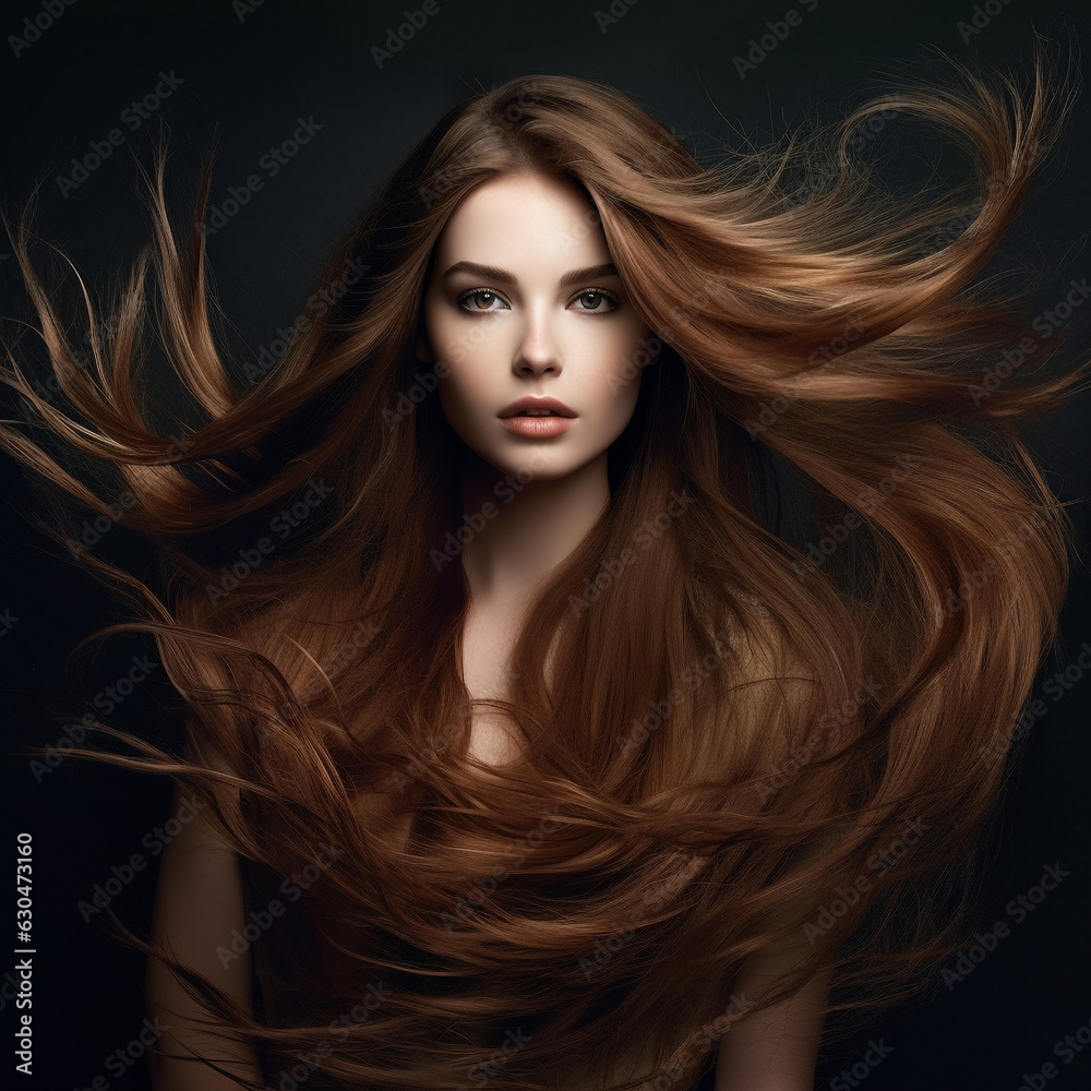 Portrait of beautiful young woman with flying hair over dark background ...
