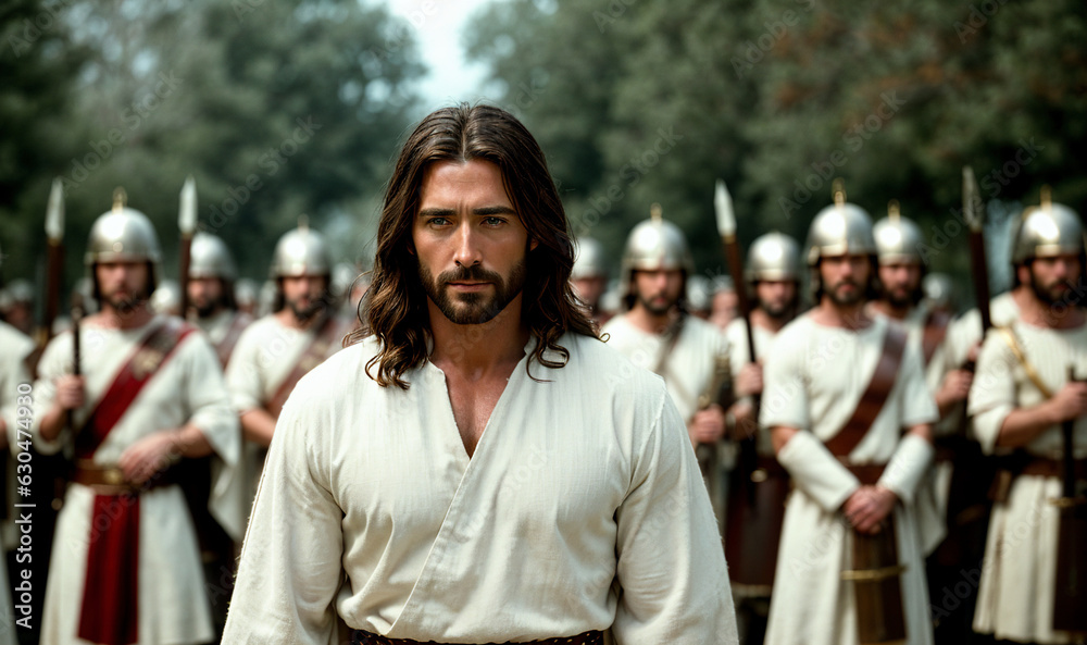 jesus christ in white clothes between roman soldiers staying being ...