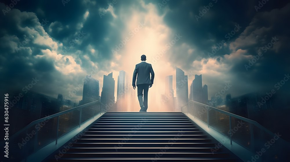 Ambitious businessman climbing the stairs to success. concept of career path success, future ...