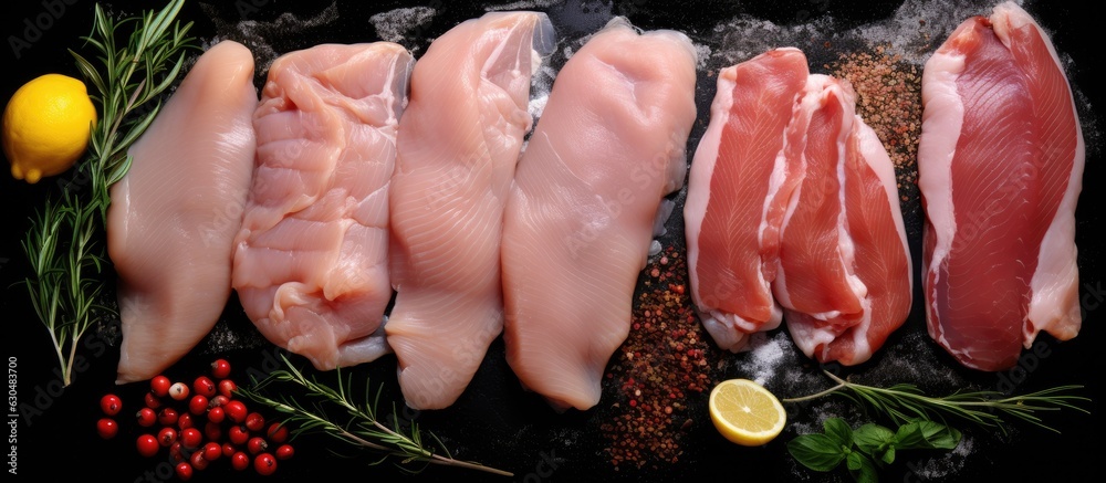 Types of raw chicken meat and poultry displayed on a black background ...