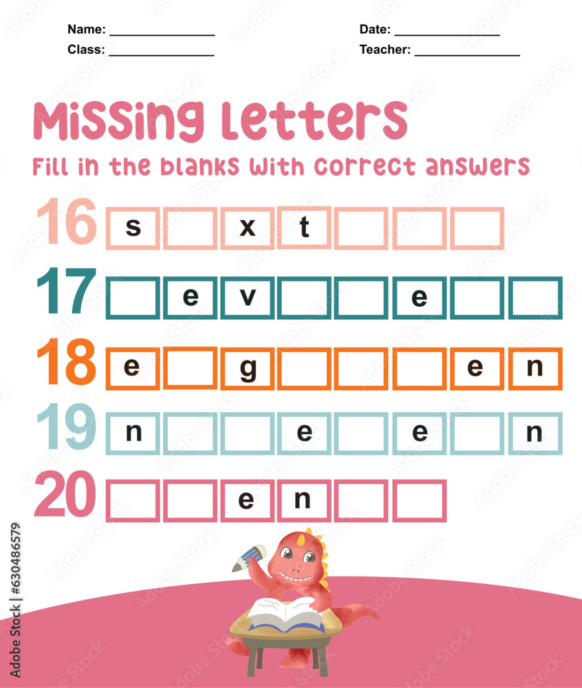 Missing letters worksheet. Complete the letters for number in English ...