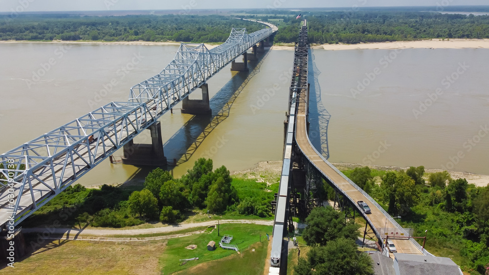 Old Vicksburg Bridge or Mississippi River Bridge with freight train ...