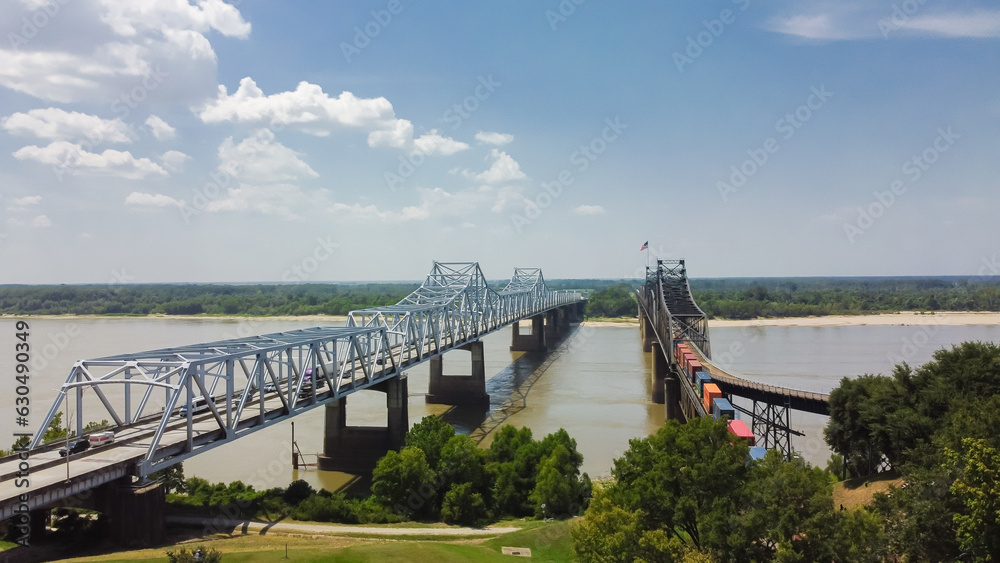 Vicksburg Bridge and Old Vicksburg Bridge with freight train crossing ...