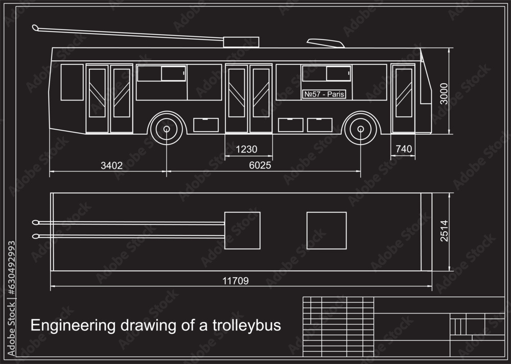 Vector engineering drawing of a trolleybus with dimensional lines and ...