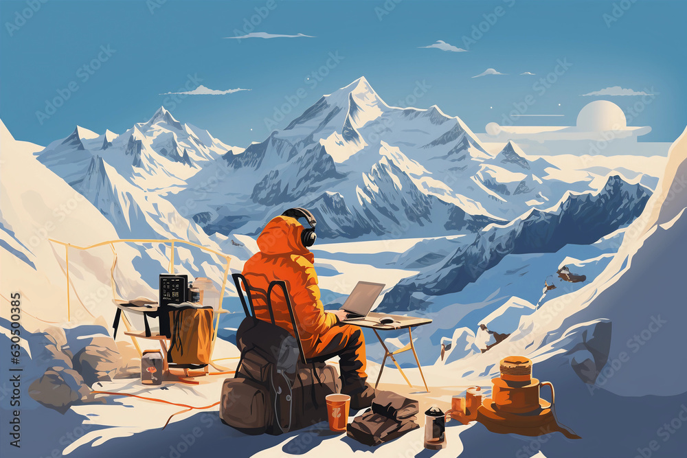 The Concept of Workation and Remote Work on a Snowy Mountain ...