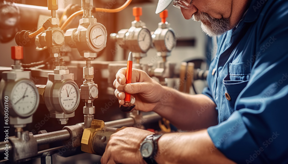 Mechanical maintenance technician checking pressure gauge of ...