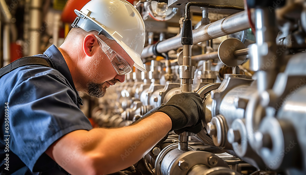 Mechanical maintenance technician checking pressure gauge of ...