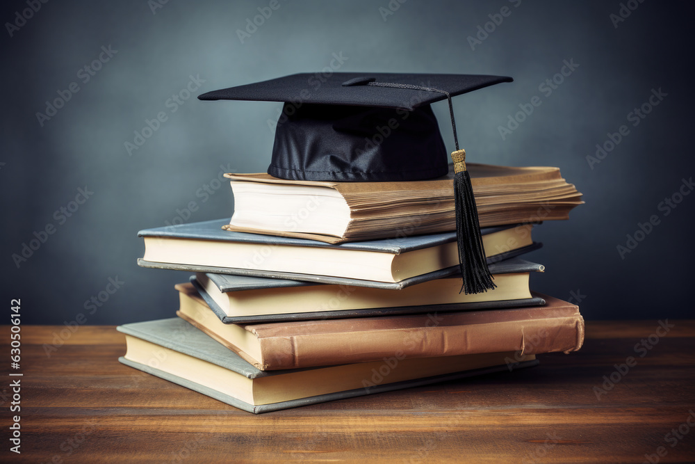 Graduation cap rests on top of neat stack of books, symbolizing ...