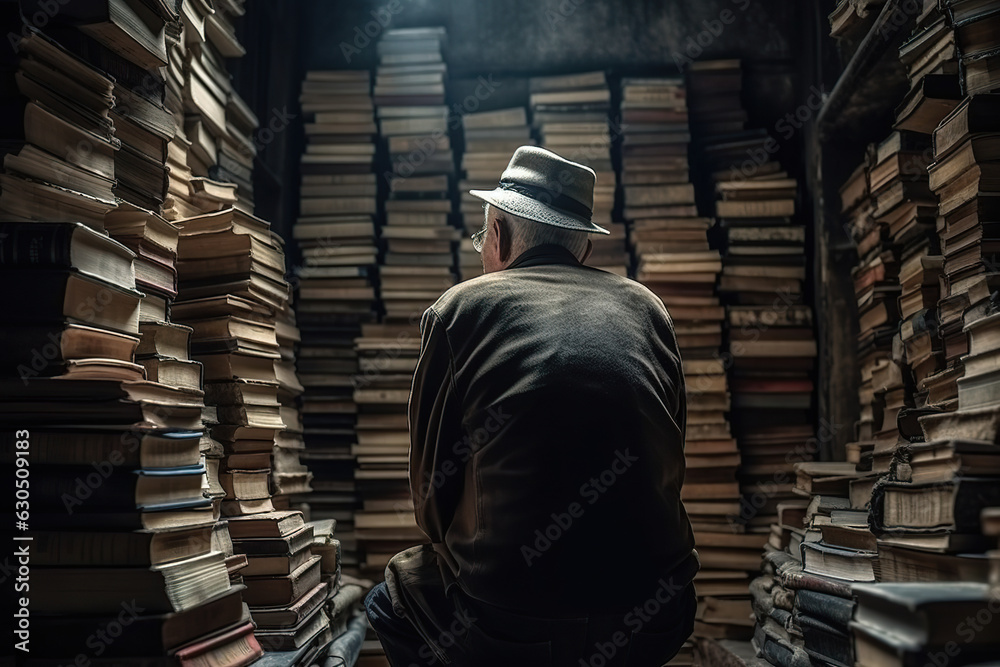Illustration of an old man with his back turned to a pile of old books ...