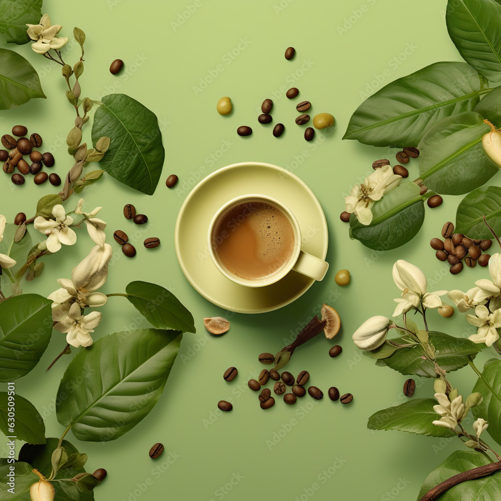 Organic coffee pale green background. Cup of black coffee and green ...