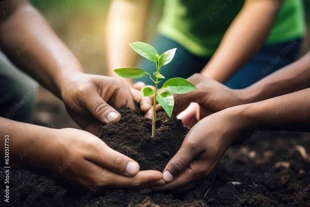 Group of volunteers joins hands together for plant a tree, World ...