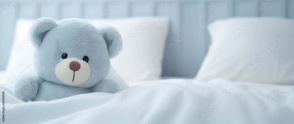 Photo Get Well Hugs Comforting Blue Teddy Bear Stuffed Toy Sitting on Bed Sending Warm Wishes for a Speedy Recovery touchedbylight Posters tableaux et papiers peints Europosters