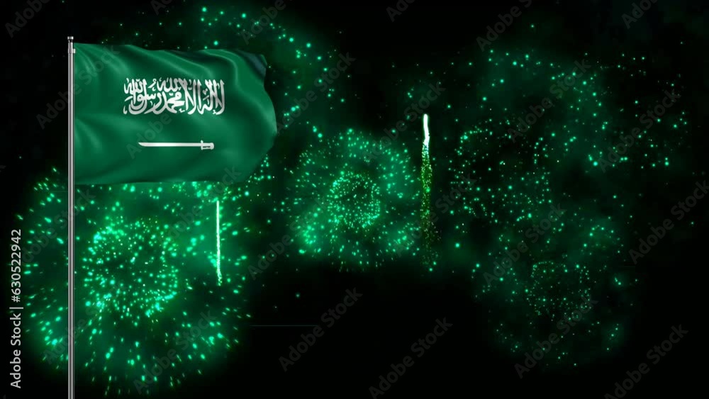 Saudi Arabia Flag Background with flagpole and fireworks. Saudi Arabia ...