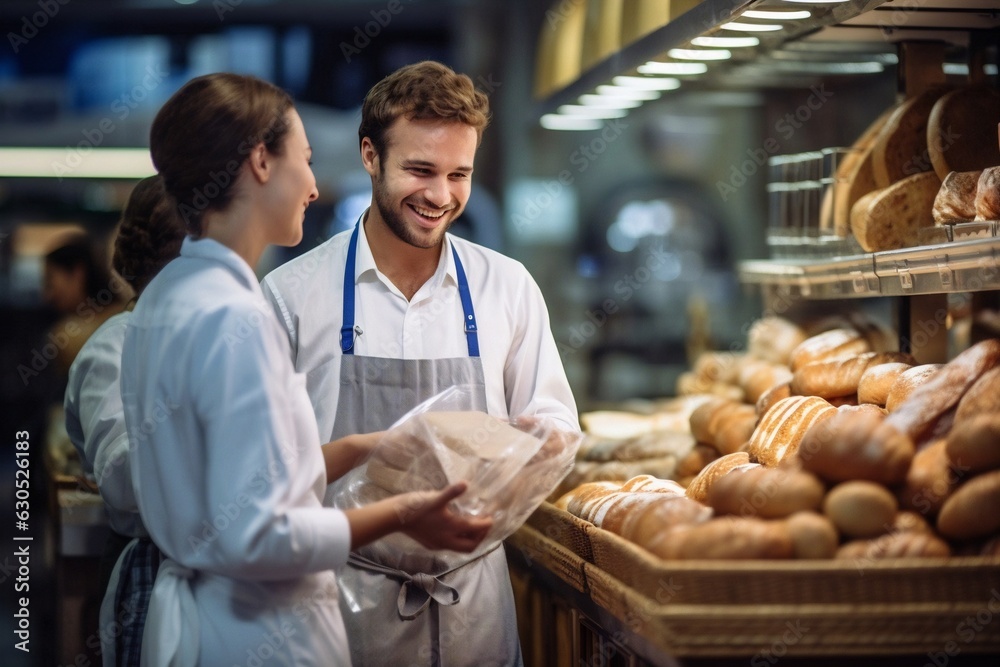 Generative AI : Young man buying bread in supermarket bakery. Focus is on female baker ...