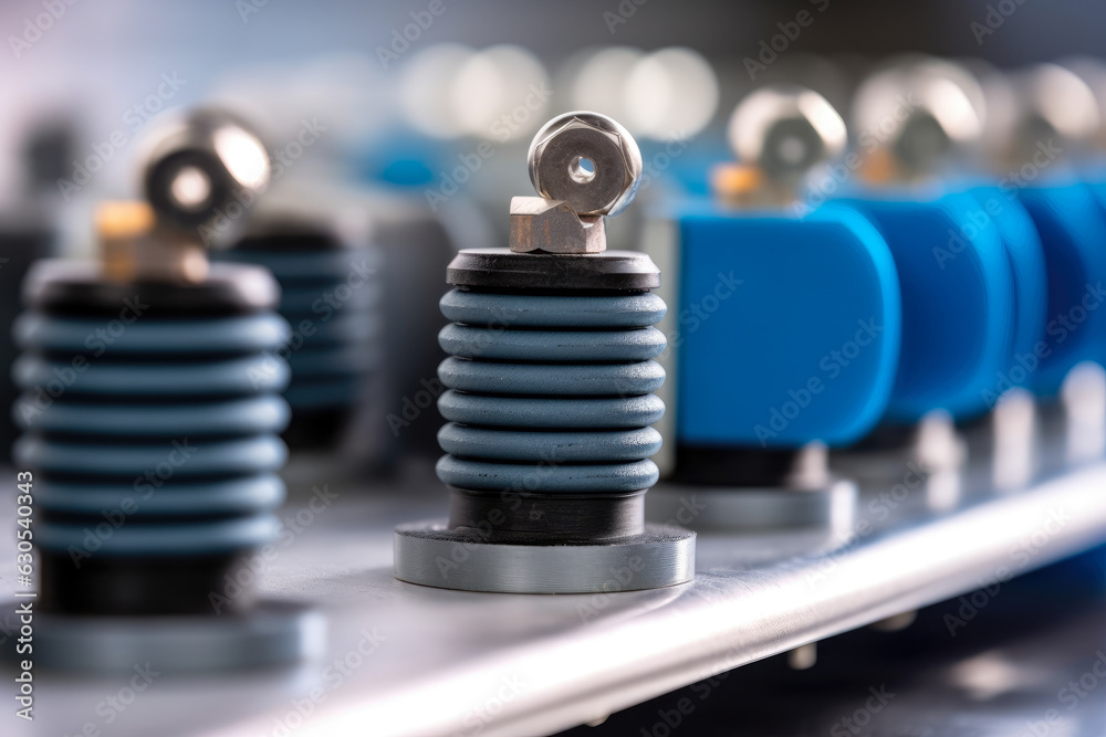 Extreme close-up of silicone vibration isolators on an electrical panel ...