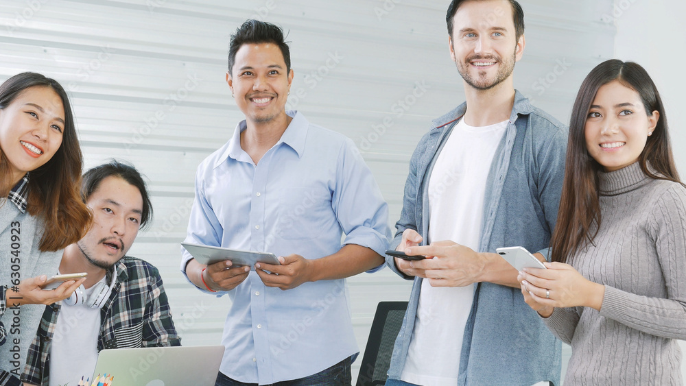 Portrait group of Businesspeople team partners smile happy look at ...