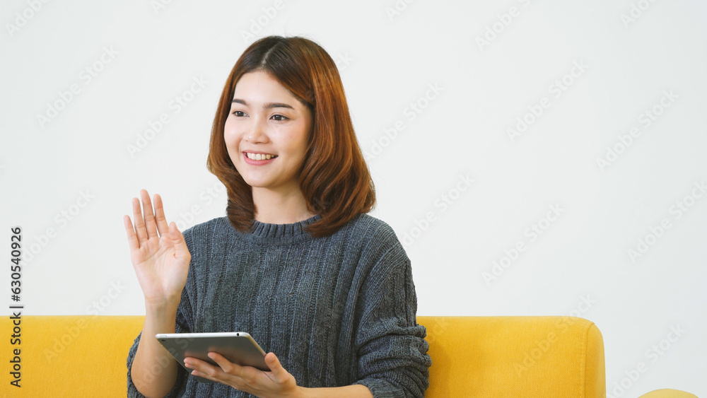 Asian woman using digital tablet shopping online, call, texting message ...