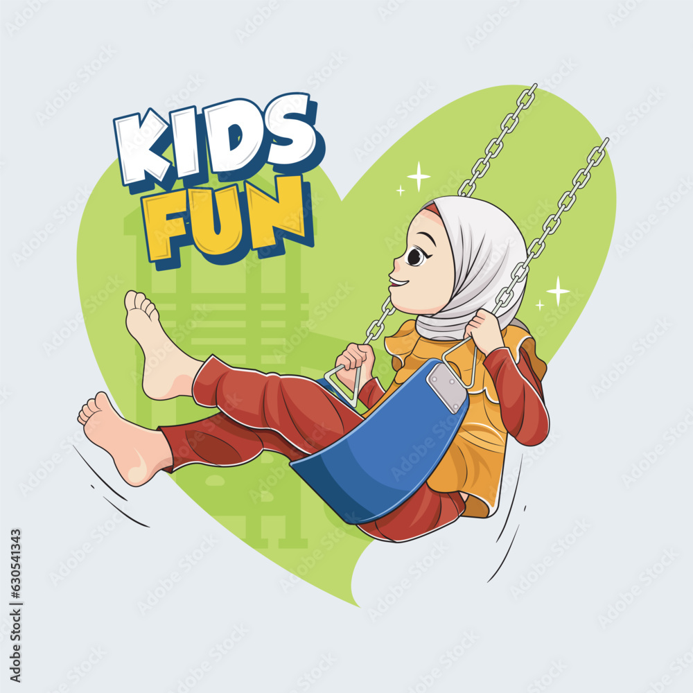 Vetor de Fun kids. Hijab girl on a swing playground. Hijab girls play ...