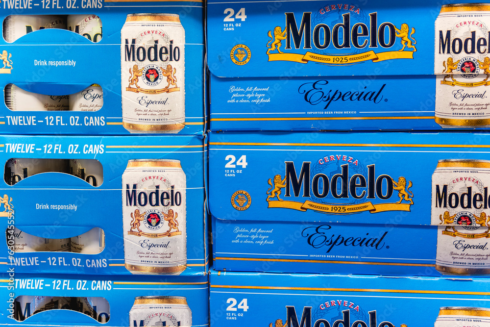 Miami, Florida, USA - Aug 03, 2023: Boxes of 24 Modelo Especial Beer ...